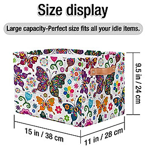 Pardick Floral Butterfly Large Collapsible Storage Bins ,Flying Butterfly Decorative Canvas Fabric Storage Boxes Organizer with Handles，Rectangular Baskets Bin for Home Shelves Closet Nursery Gifts