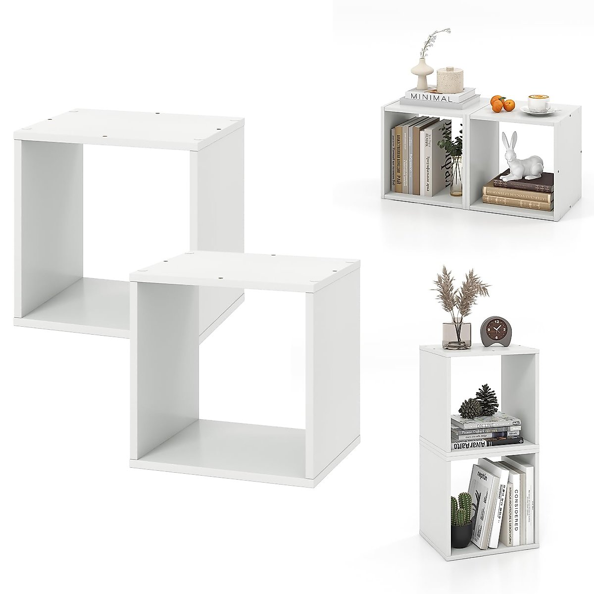 Giantex 2 Cube Bookshelf Organizer, 2-Tier Stackable Cube Storage Organizer, Small Wooden Open Book Shelf with Anti-toppling Device, Wood Floor Standing Display Shelving Bookcase, White