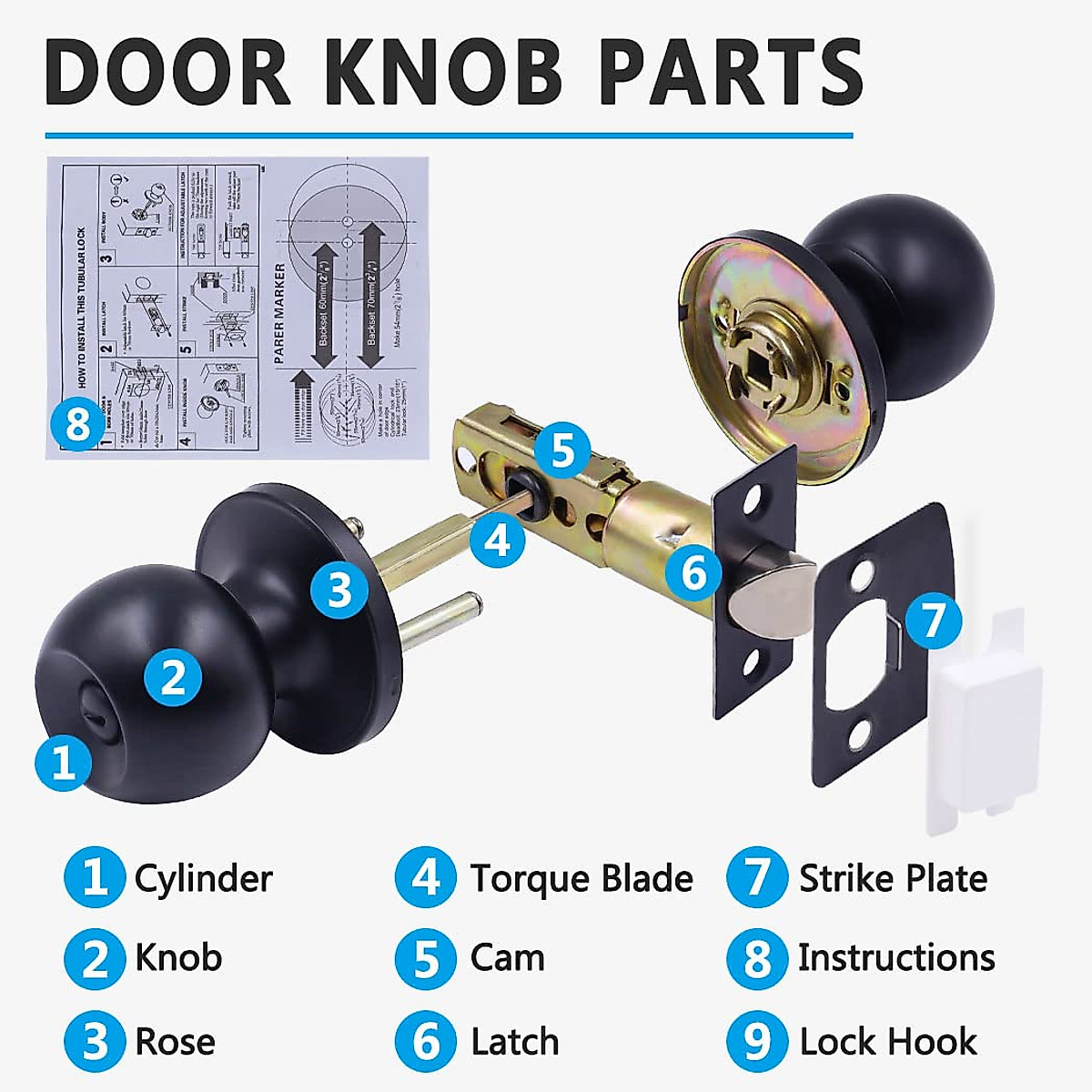 ROTESONNE 8 Pack Matte Black Privacy Door Knobs for Bedroom, Bathroom and Passage with 8 Door Stoppers, Keyless Door Handles, Interior Door Knobs (8, Black)