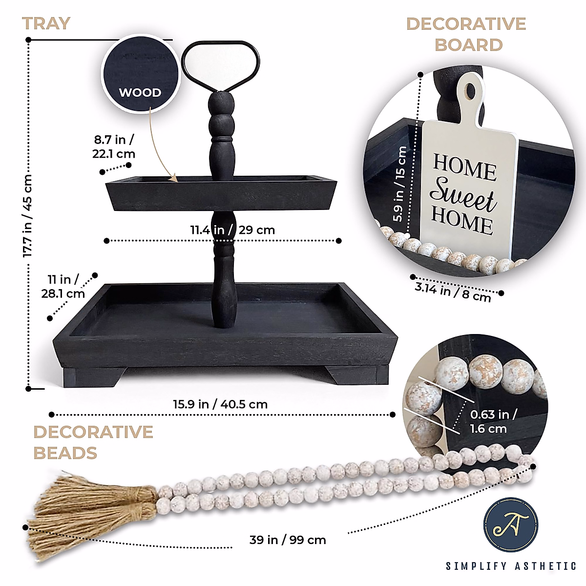 Pine Wood Tiered Tray - 2 Tier Tray - Farmhouse Tiered Tray - Two Tiered Tray - Island Decorations for Kitchen - 2 Tiered Tray Stand with 39" Beads and Home Sweet Home Sign (Black)