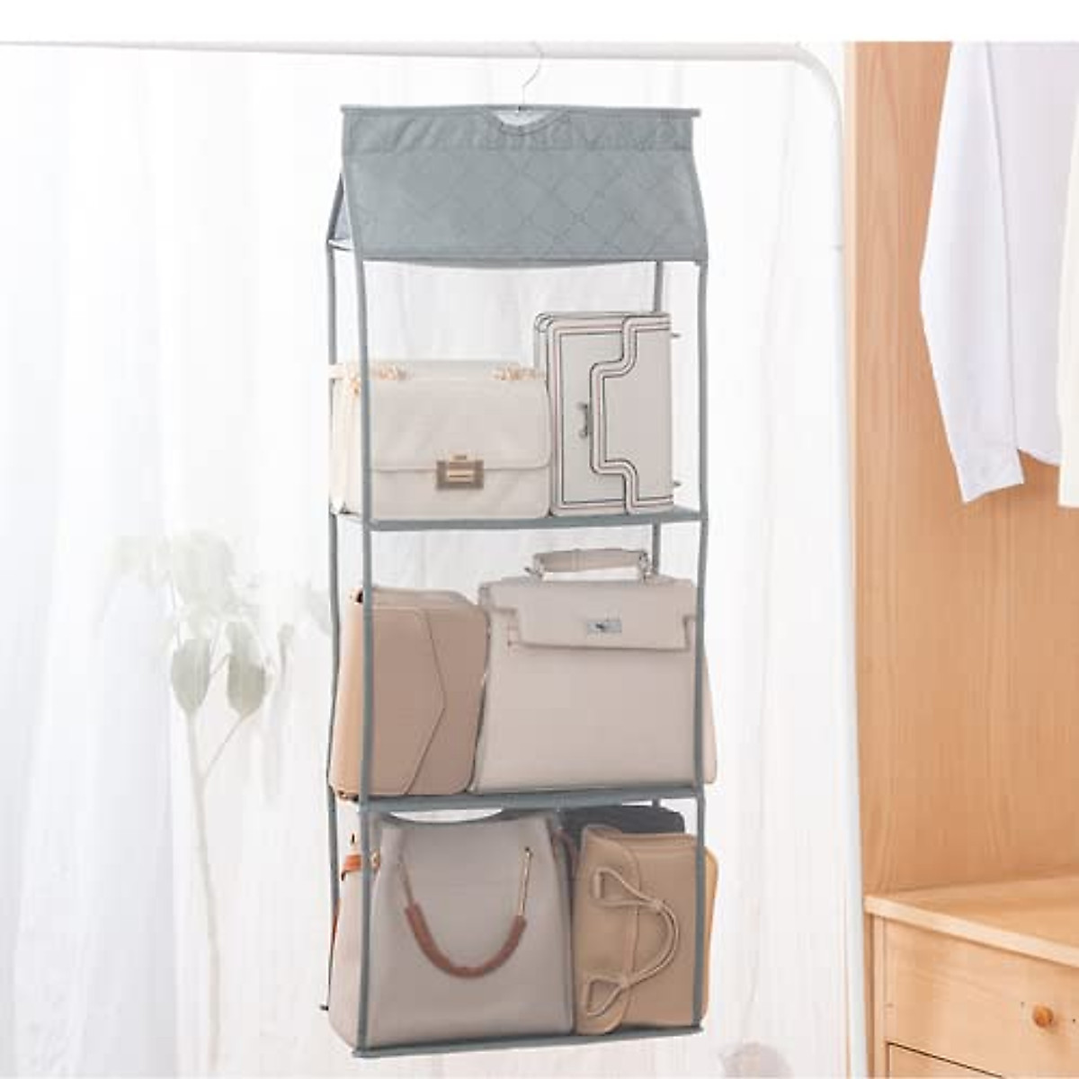 HAN SHENG 2 Pcs Mesh Handbag Storage Organizer Bag Breathable Hanging Handbag Purse Organizer Collection Storage Holder Transparent Purse Protector Storage Bag for Closet Shelf (3 Layer Grey)