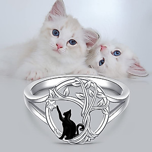 Black Cat Rings for Women Cat Ring Tree of Life Ring Cats Remembrance Black Cats Sterling Silver Family Animal Lovers Jewelry Size 8