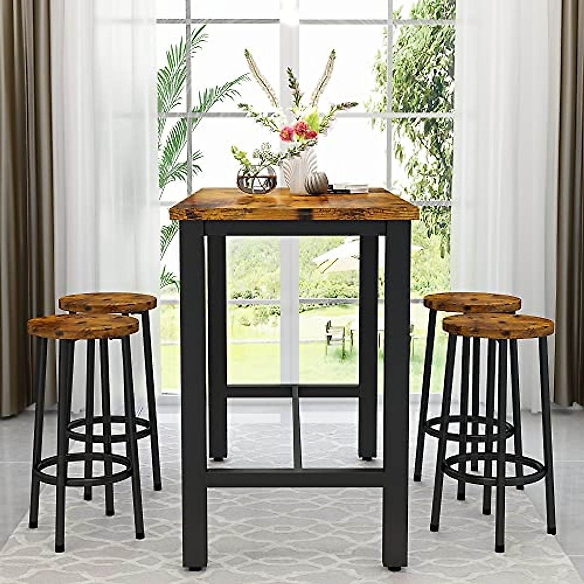 AWQM Bar Table Set, Kitchen Pub Table with 4 Stools, 5 Pieces Dining Table Set, Breakfast Table of 43.4 x 23.6 x 35.7 Inches, Stool of 11.8 x 11.8 x 23.8 Inches Each, Rustic Brown and Black