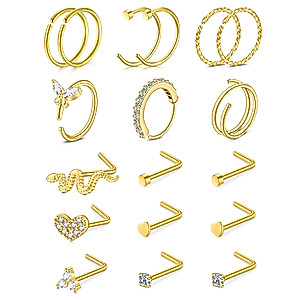 JFORYOU Nose Rings Hoop 20G Nose Rings Studs Surgical Steel L Shape Nose Studs for Women CZ Heart Moon Butterfly Snake Gold Tone Nose Piercings Jewelry