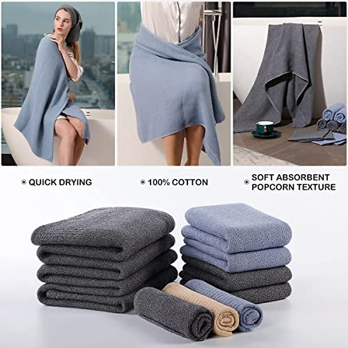 Imperial Road Bath Towels Set for Quick Drying and Highly Absorbent,1 Hand Towels 13.4x13.8 inch,1 Washcloth 13.4x30 inch,1 Bath Towel 27.6x55 inch (3 Piece,Grey)