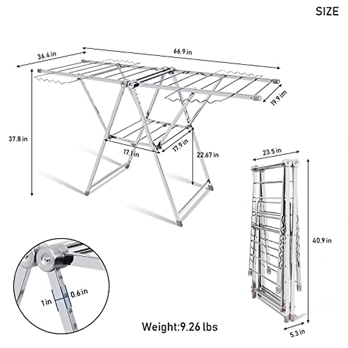 Duwee Clothes Drying Rack Clothes Airer,Foldable Clothes Horse Stainless Steel Clothes Drying Rack with Height-Adjustable Wings,Free-Standing Laundry Drying Rack for Indoor/Outdoor