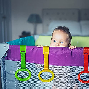 4 PCS 4 Colors Plastic Baby Crib Pull Rings Kids Walking Exercises Assistant Stand Up Rings Baby Cot Hanging Rings for Infant Baby Toddler Practice Tool