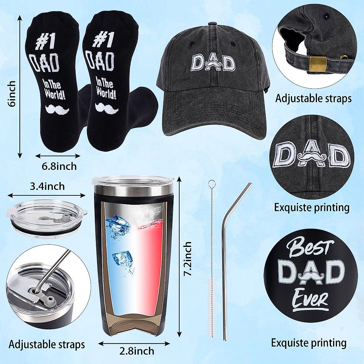 Kolewo4ever 9 Pieces Dad Gift Set Best Dad Gifts Christmas Gifts For Dad, Men with Tumbler Mens Socks Mens Baseball Cap Dad Key Chain Card for Men Father Papa Gifts from Son Daughter Kids
