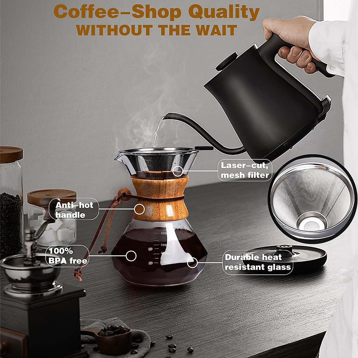 COFISUKI Pour Over Coffee Maker with Reusable Stainless Steel Drip Filter, Lead-Free Borosilicate Glass Coffee Carafe with Modern Wooden Collar for 1-2Cup, Diamond Clear (400ml/13.5oz)