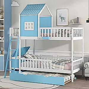 Lepfun Full House Twin Size Trundle, Solid Wood Farmhouse Bunk Storage Box and Drawer, for Kids Teens Adults, Practical Durable Bed for Bedroom, Apartment, Dorm (Blue)