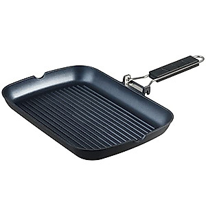 S·KITCHN Grill Pan with Folding Handle, Nonstick Grill Pan for Stove Tops, Induction Compatible KBBQ Grill Pan with Pour Spouts, Indoor Rectangle BBQ Grilling Pan - 13 × 9IN