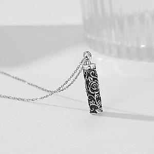 Rose Flower Urn Necklaces Cylinder Bar Urn Necklace for Ashes 925 Sterling Silver Pendant Necklace Keepsake for Ashes Memory Keepsake Cremation Jewelry for Women (Cylinder Rose)