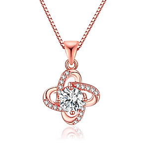 WSKFLY 14K Gold Plated Cubic Zirconia Necklace, Love Knot Diamond Pendant Necklace for Women (Rose Gold)