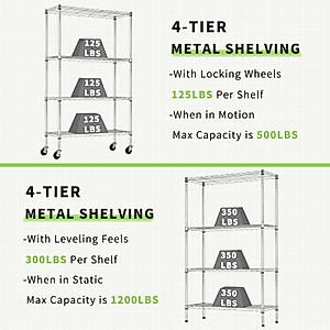 YYkokocat 4 Tier Shelving Unit 62" H Adjustable Metal Shelves w/Wheels Heavy Duty Storage Shelf 1400Lb Capacity Garage Shelving Storage Wire Shelving for Kitchen, 36" L x 14" D x 62" H, Chrome