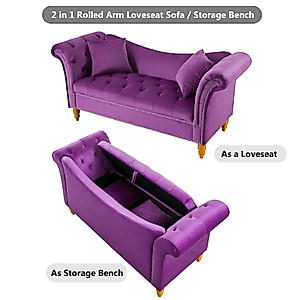 Betoko Velvet Loveseat Sofas Couches with Storage Seat Flared Rolled Arm 2 Seater Sofa for Living Room Bedroom Button Tufted Small Couch with Solid Wood Legs (Purple)