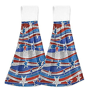 Red Blue Stars Memorial Day Kitchen Hanging Towel 12 x 17 Inch Wood 4Th of July Hand Tie Towels Set 2 Pcs Tea Bar Dish Cloths Dry Towel Soft Absorbent Durable for Bathroom Laundry Room Decor