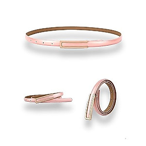 Women's Belt Fashion Elegant Dress Skinny Patent Leather Belts Waistband Thin Waist Belt Alloy Gold Buckle, 2-Pack, Black & Peach-Pink, For Waist 28"- 34", Women Size S-M, 4-6