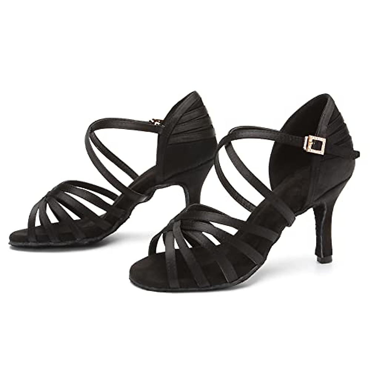 SWDZM Women's Latin Dance Shoes Open-Toe Silk Salsa Tango Ballroom Professional Practice Performance Dance Shoes,Heel-3 1/3'',WZSP2324 Black 8 US