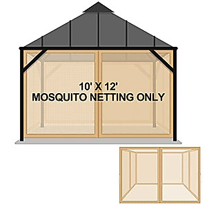 Universal Replacement Mosquito Netting for Patio Gazebo 10' x 12' Mosquito Net Camping 4 Panel Mosquito Net Gazebo Canopy Replacement Patio Mosquito Netting with Zipper for Porch, Khaki