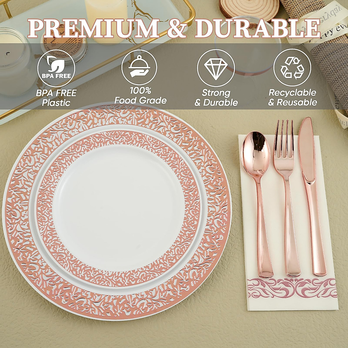175 Piece Rose Gold Dinnerware Set 25 Guest-50 Rose Gold Lace Plastic Plates-25 Rose Gold Plastic Silverware-25 Rose Gold Plastic Cups-25 Rose Gold Paper Napkins, FOCUSLINE Disposable Dinnerware Set