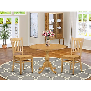 East West Furniture DMGR3-OAK-W 3 Piece Modern Dining Table Set Contains a Round Wooden Table with Dropleaf and 2 Kitchen Dining Chairs, 42x42 Inch, Oak