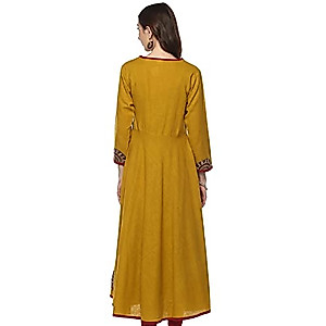 Yash Gallery Women's Cotton Slub Patch Work Angrakha Kurta (Yellow)
