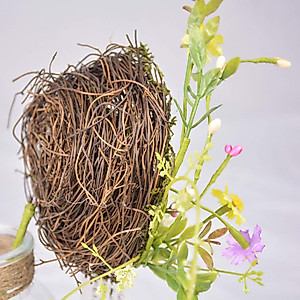 Develoo Easter Bird Nest Tabletop Ornament,Rattan Weaving Simulation Birds Nest with Speckled Eggs and Flowers for Spring Garden Decor Photo Props