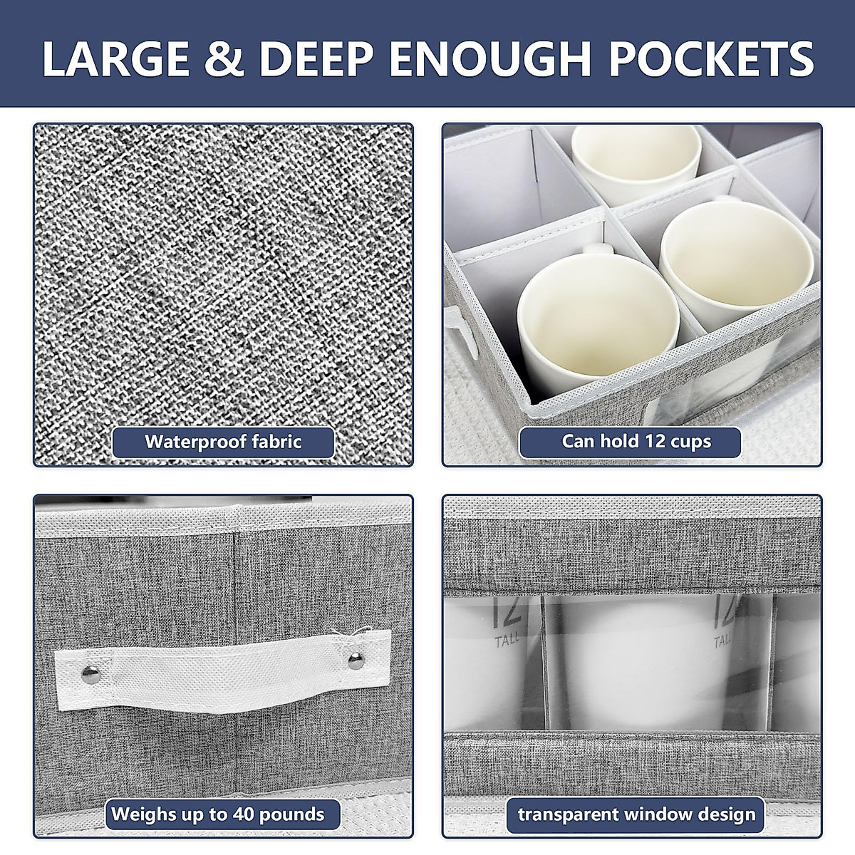 homyfort 2 Pack Cup and Coffee Mug Storage Box Organizer with Dividers, China Storage Containers Hard Shell with 24 Compartments for Mugs Moving and Protection (Grey)