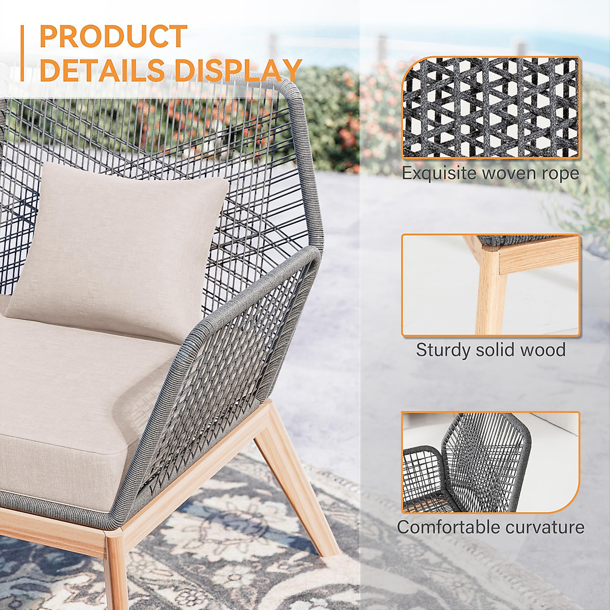 ASJMR 5-Piece Patio Furniture Set, Solid Wood Woven Rope Set Balcony Modern Outdoor Living Room All-Weather Set, Suitable for Backyard, Swimming Pool, Deck, Garden