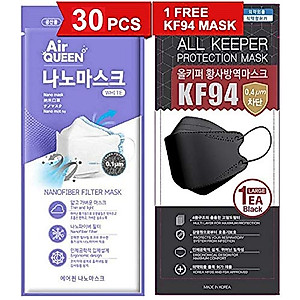 [30 Pack] [Air Queen] White 3-Layers Face Safety Mask for Adult + 1 [Black] All Keeper KF94 Mask [Individually Packaged] [Both Made in KOREA]