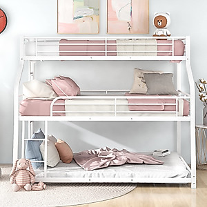 Triple Bunk Beds Twin XL/Full XL/Queen, Made of Heavy Duty Steel with Ladders and Full-Length Guardrails for Boys, Girls, Teens (White)