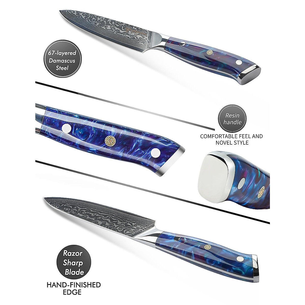 SANMUZUO 5 Inch Kitchen Utility Knife - Xuan Series - VG10 Damascus Steel Kitchen Knives - Resin Handle (Sapphire Blue)