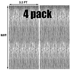 YESON Silver Foil Fringe Curtains Metallic Tinsel Shimmer Curtain Party Backdrop Decorations,Pack of 4