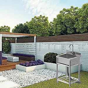 KENPIKO Utility Sink,Stainless Steel Sink,Outdoor Sink,Camping Sink,Laundry Room,Backyard, Garages,Free Standing Sink for Indoor Outdoor, with Storage Shelves&Drainer Unit Faucet Combo with Strainer