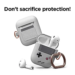 elago AW5 Compatible with AirPods Case 1 & 2, Classic Game Player Design Case with Keychain, Durable Silicone Construction (Light Grey) [US Patent Registered]