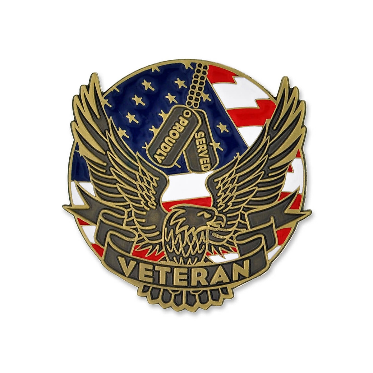 PinMart Proudly Served Veteran Pin – Patriotic American Lapel or Hat Pin – Proud to be Retired Army, Navy, Air Force or Marine Corps – Gold Plated Enamel with Secure Clutch Back