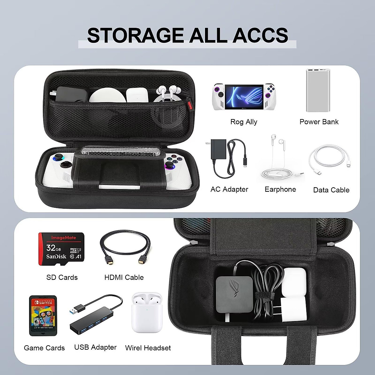 Gepicest Rog Ally Case Compatible with ASUS Rog Ally Handheld Console Gaming Accessories Carrying Bag Fit Original Charger Dock w/ Hard EVA Game Console Stand 2023 Traveling Storage Case-Flat Black