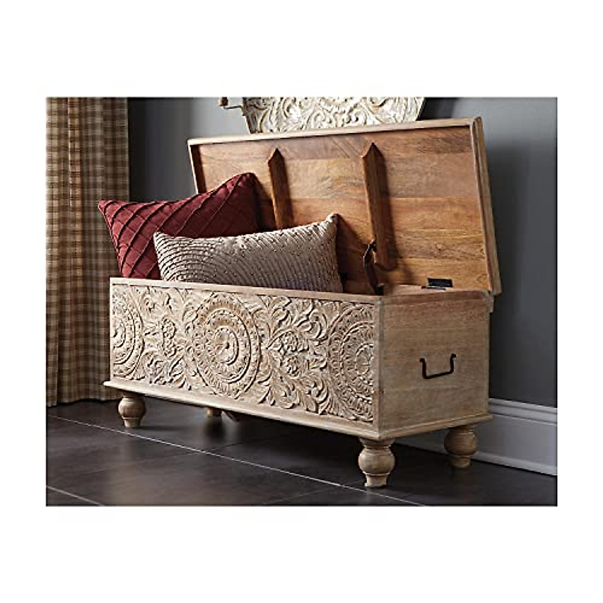 Signature Design by Ashley Fossile Ridge Boho Carved Wood Storage Bench with Hinge Top, Beige