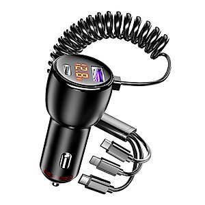 Phmnkl Super Fast Car Charger Type C, 66W+65W+20W QC3.0&PD3.0 5 Port Built-in 4FT Cable USB C Car Charger Fast Charging for iPhone 14/13/12/Google/Pixel/Motorola/LG Android Phones