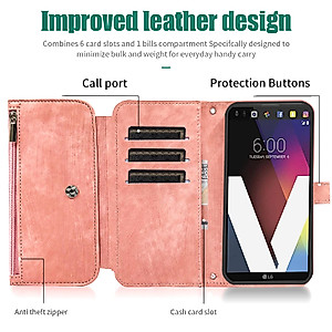 Compatible with LG V20 Wallet Case 9 Card Slots Retro Leather Flip Credit Card Holder Cell Phone Cover for Folio Purse Lanyard Wrist Strap Rugged Slot Mobile LGV20 LG20 V 20 ThinQ Women Men Pink