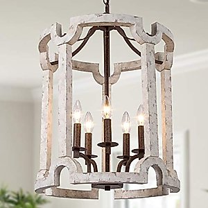 LOG BARN Farmhouse Chandelier, 5-Light Lantern Chandelier for Foyer, Kitchen Island, Dining Room, Weathered White Wood, 16.5’’ W