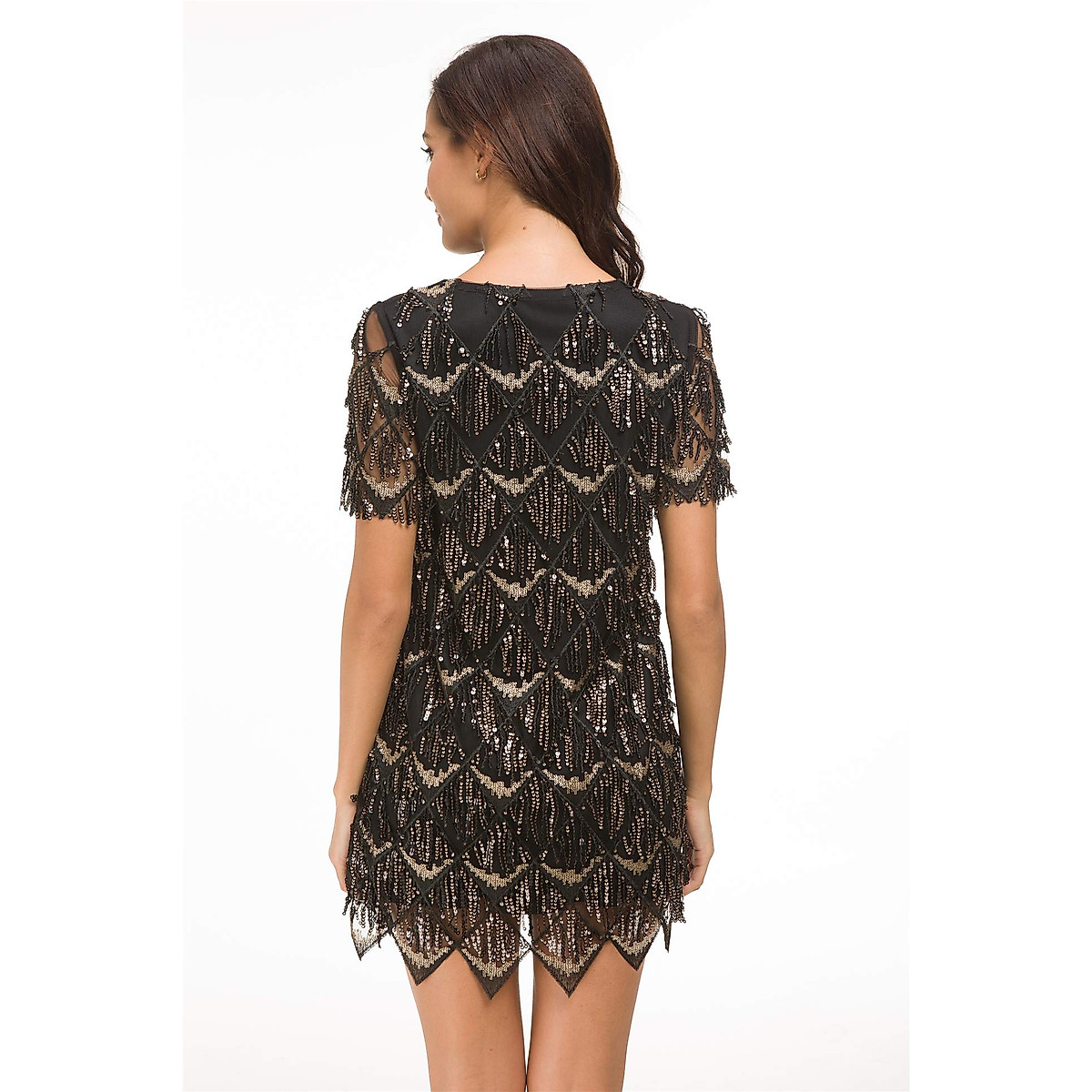 VVMCURVE Women's Sequin Fringe 1920 Short Prom Dress Sequins Art Deco Cocktail Gatsby Party Dress with Short Sleeve (Large, Black)