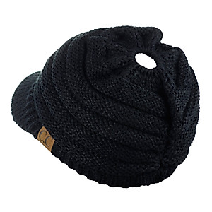 C.C BeanieTail Warm Knit Messy High Bun Ponytail Visor Beanie Cap, Black