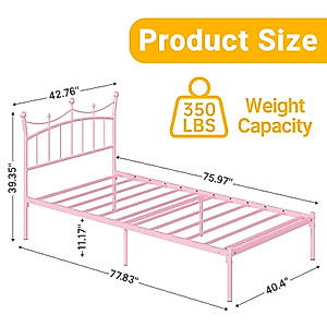 Weehom Twin Bed Frames with Headboard, Elegant Princess Bed for Girls Heavy Duty Metal Platform Bed Easy Assembly Under Bed Storage Space Twin Bed for Kids Adults, Pink