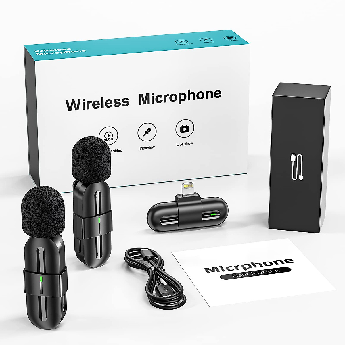 Bobcow Lavalier Wireless Microphone for iPhone iPad,Plug Play,2-Pack Mini Cordless Recording Mic with Noise Reduction,Clip-on Microphones for Live Streaming,Vlog(2 in 1/iOS,No App Required)