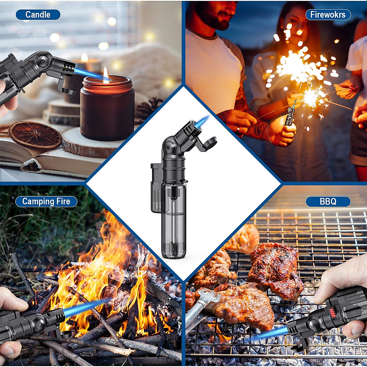 Torch Lighters, 4 Pack, Butane Refillable Torch Lighter, Rotatable Head, Windproof, Multi Utility Mini Lighter for Candles Fireplaces Campfires Grill BBQ (Without Butane)