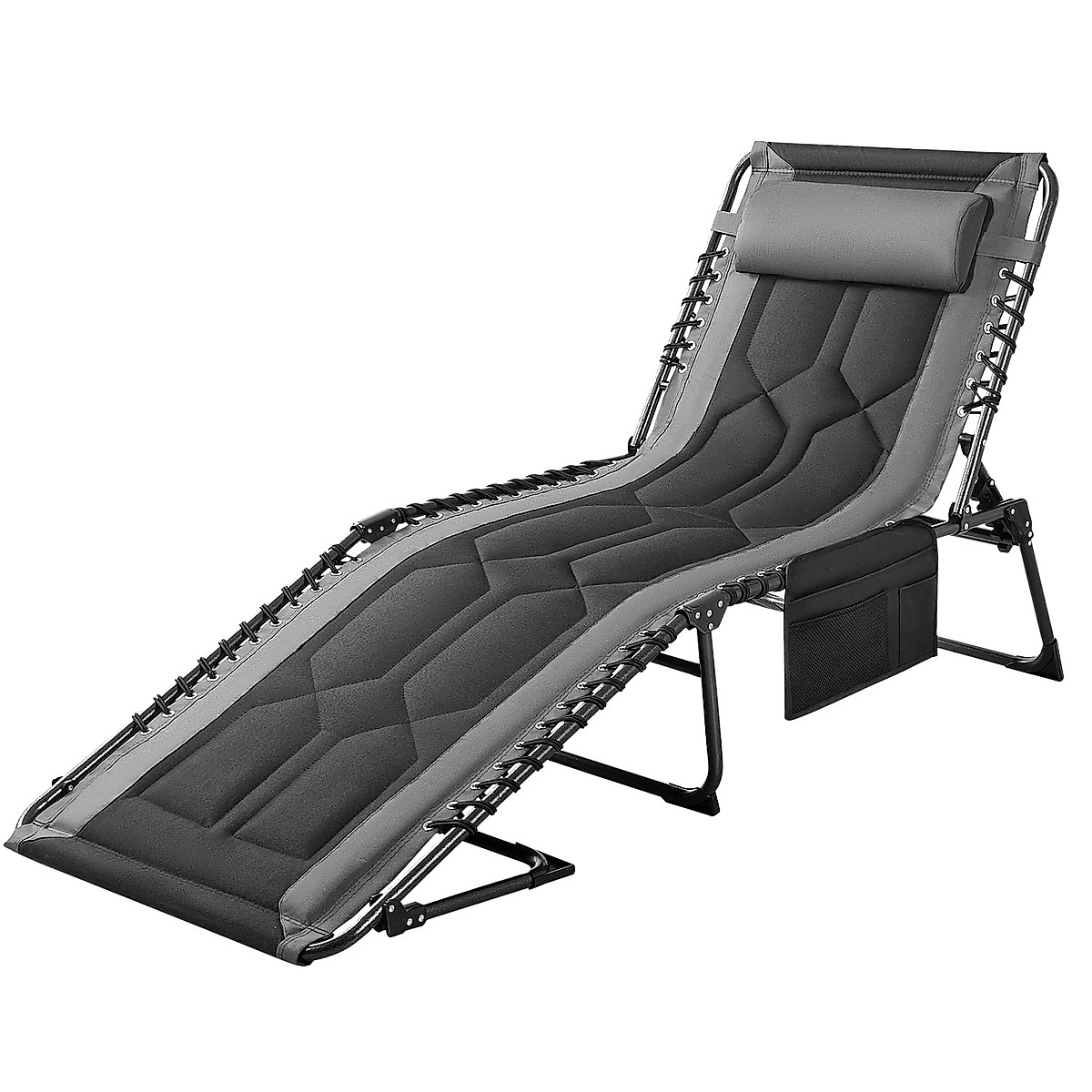 Flamaker Folding Chaise Lounge Outdoor Portable Lounge Chairs 4-Position Adjustable Camping Lounge Chair with Pillow & Side Bag Lightweight Recliner Sunbathing Chair for Pool Beach Deck (Grey)