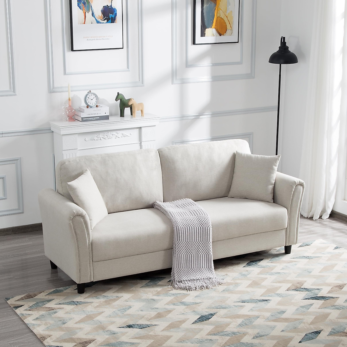 KoiHome Loveseat 81.5" 2 Pillows and Rolled Arm, 2 Upholstered Linen Fabric Couch Lounge Furniture, Deep Seated Comfy Sofa for Living Room, Bedroom, Apartment, Office, Beige