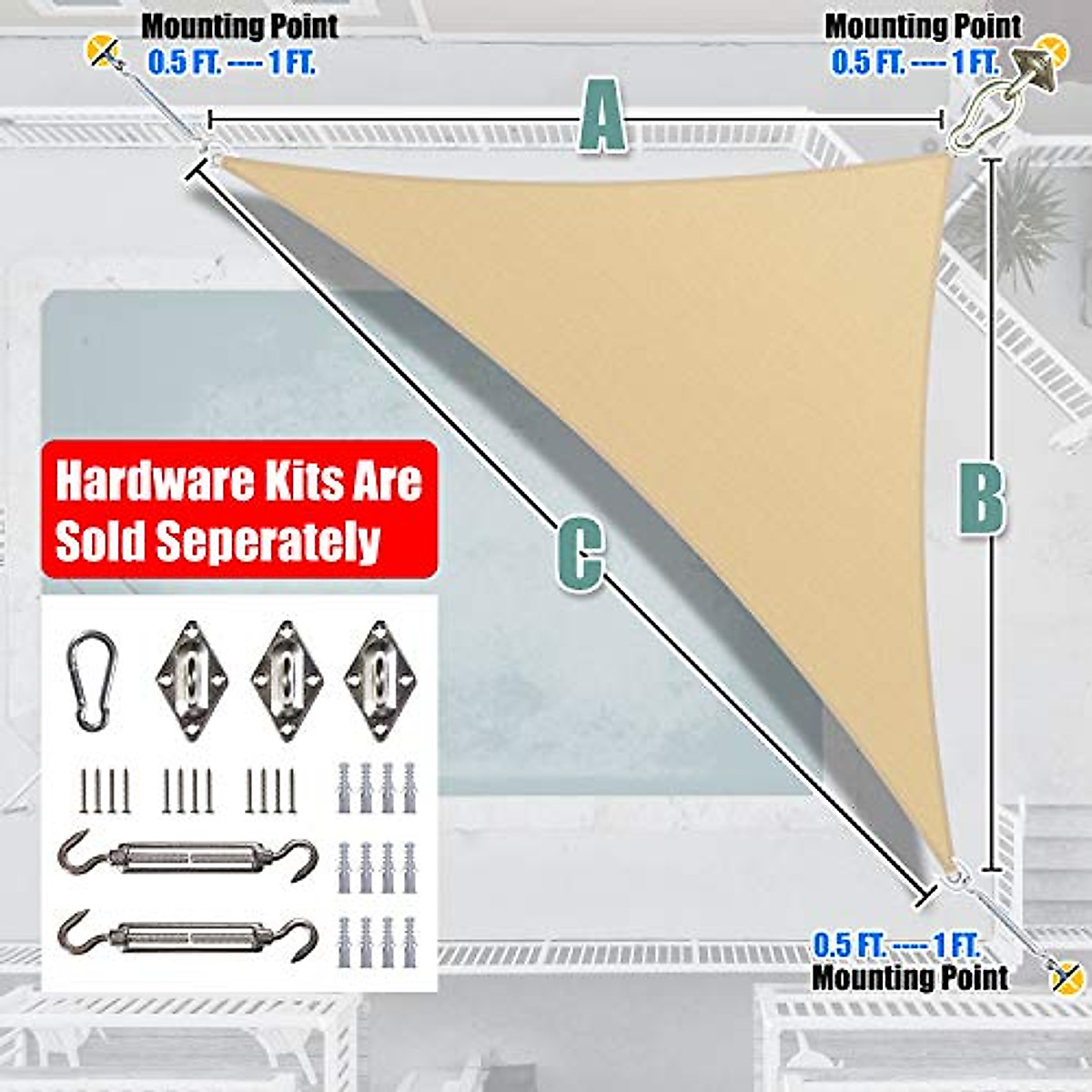 Amgo 16' x 16' x 22.6' Beige Right Triangle Sun Shade Sail Canopy Awning ATAPRT16, 95% UV Blockage, Water & Air Permeable, Commercial and Residential (We Customize)