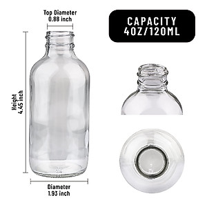 PINIWON 12 Pack 4 oz Clear Glass Bottles, 120ml Boston Round Sample Bottles with Black Poly Cone Caps, Labels, Funnels and Brush